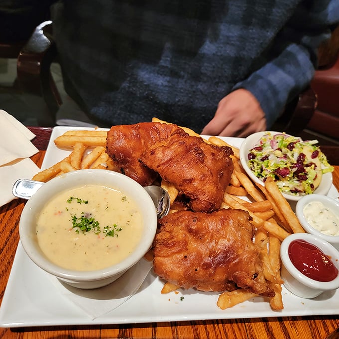 Fish and chips that would make a British pub jealous. Golden, crispy, and paired with a chowder smoother than a seal's slippery coat.