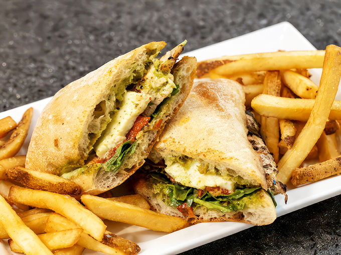 Who knew health food could look this sinful? This grilled chicken pesto sandwich is proof that virtue can be downright indulgent.