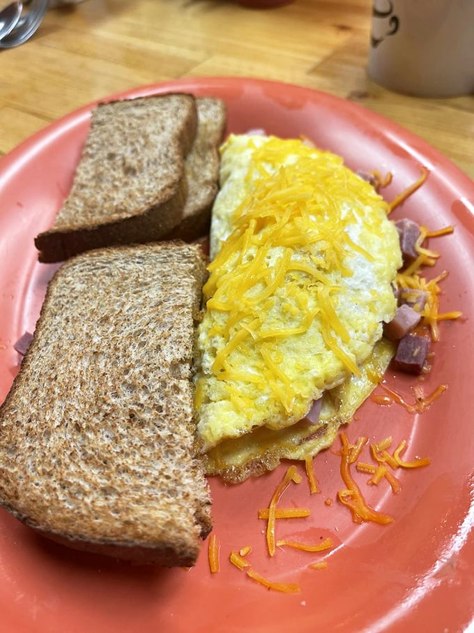 This isn't just an omelet &ndash; it's a cheese-draped sunrise on a plate, with whole wheat toast standing by for important yolk-sopping duties.