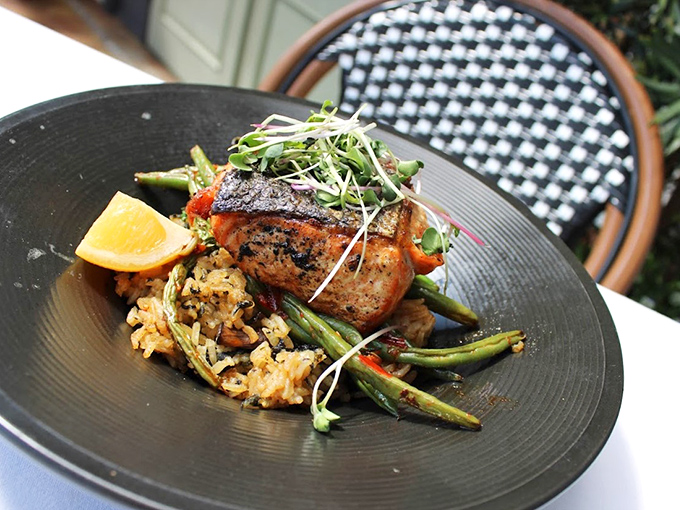 This isn't just salmon, it's a work of art! Perfectly seared and nestled on a bed of colorful veggies, it's like edible modern art.