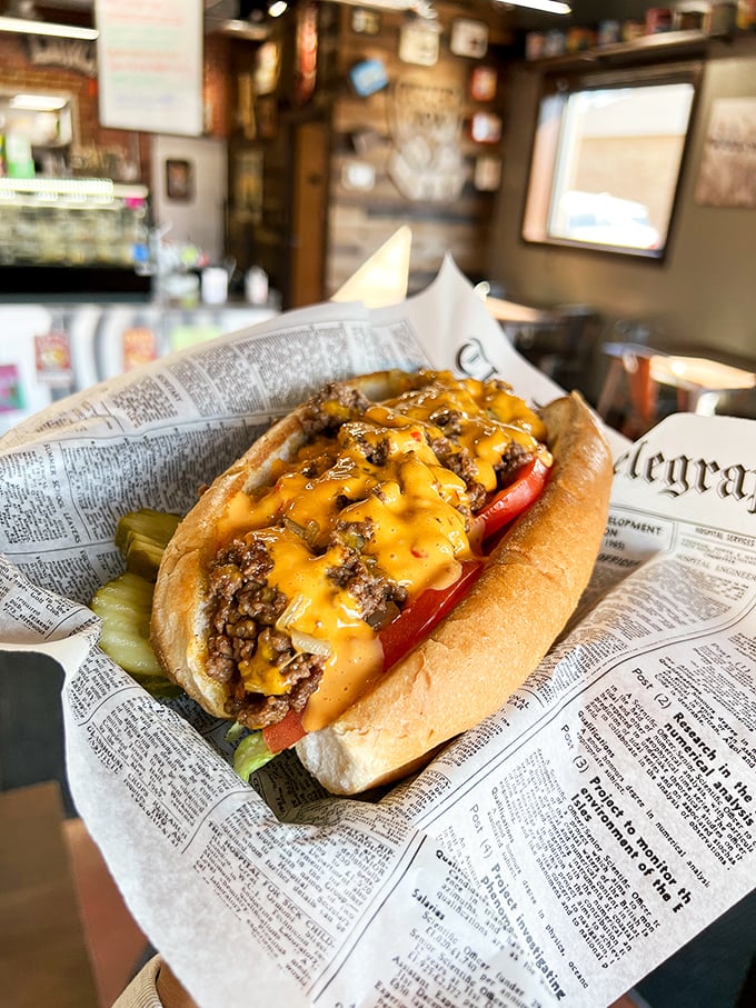 Holy hot dog, Batman! This isn't just a sandwich; it's a flavor-packed torpedo ready to launch your taste buds into orbit.