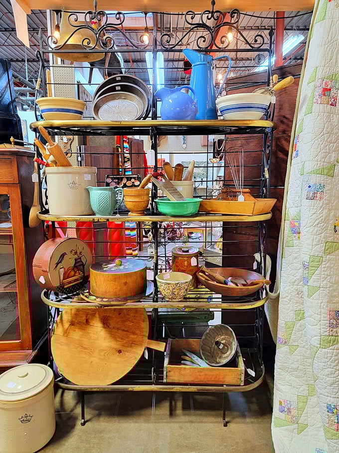 Kitchen nostalgia overload! From grandma's cookie jar to that funky '70s fondue set, this shelf is a culinary trip down memory lane.