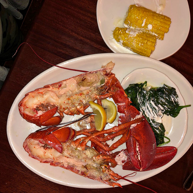 Lobster, spinach, and corn on the cob walk into a plate... No joke, just a seriously delicious trio that's ready for its close-up.