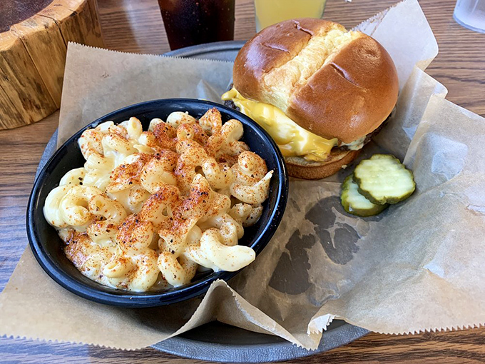 Mac and cheese that's creamier than a smooth-talking cowboy, paired with a burger that could make a vegetarian question their life choices.
