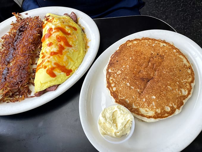 Breakfast indecision? Problem solved! This plate is like having your cake and eating it too &ndash; if your cake was made of eggs and pancakes.