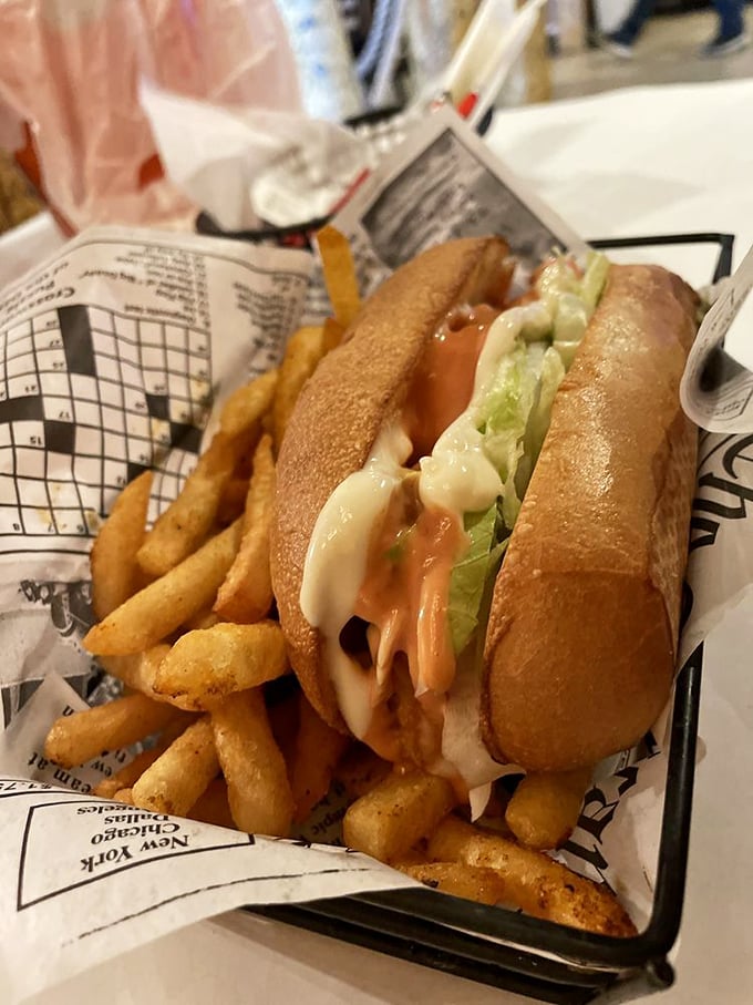 Land ho! This po'boy and fries combo is a shore thing for landlubbers and sea dogs alike. Sandwich ahoy!