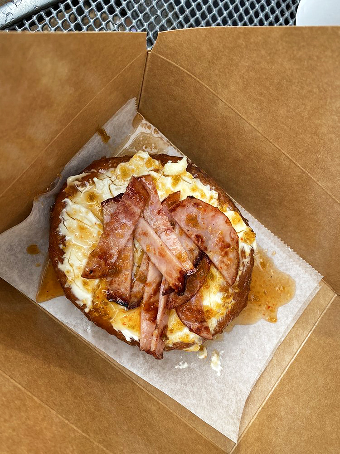 Porkey's Donut: Because sometimes you need breakfast, lunch, and dinner all rolled into one glorious, bacon-topped masterpiece.