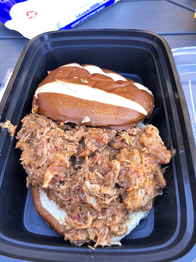 Behold, the pulled pork sandwich in all its glory! It's like a hug for your mouth, if hugs were made of smoky, juicy perfection.