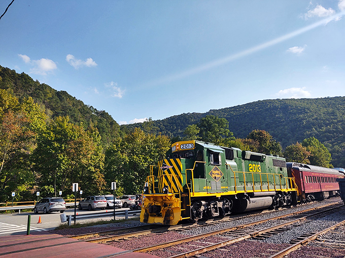 All aboard nostalgia! The Reading Blue Mountain Northern Railroad doesn't just traverse landscapes; it time-travels through autumn's paintbox of colors.