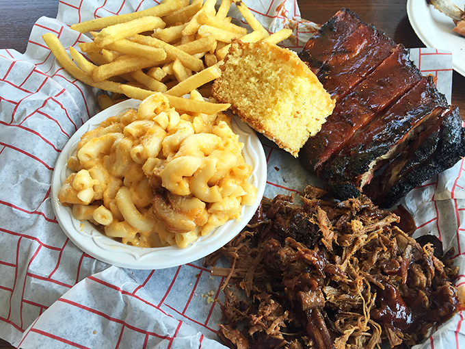 The kind of plate that makes you cancel afternoon plans. That mac and cheese isn't just a side&mdash;it's demanding equal attention with creamy, golden authority.