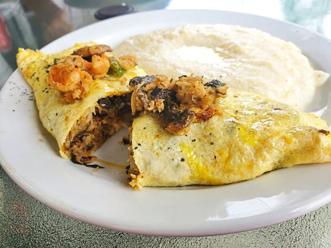 This seafood omelet is like a mermaid's dream wrapped in eggy perfection. Neptune himself would approve of this oceanic delight.