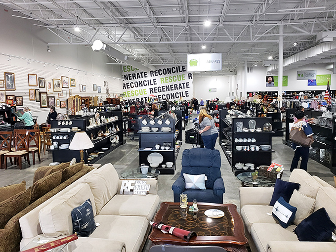 The expansive showroom buzzes with quiet excitement as shoppers navigate islands of sofas and shelves like modern-day treasure hunters.