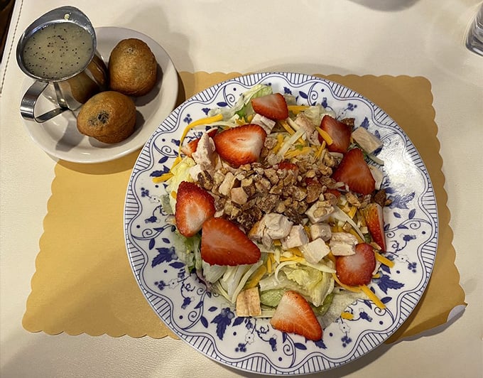 A colorful chicken salad that whispers, "See, you're being healthy!"&mdash;while those fresh strawberries practically wink at you.