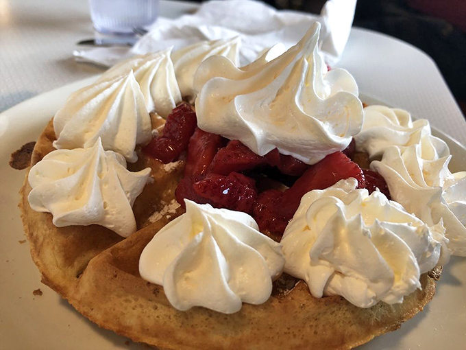 Waffle wonderland! This strawberry-topped beauty is so pretty, it's almost a shame to eat it. Almost.