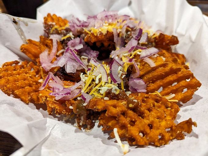 "Sweet potato, I love you!" These crispy, colorful fries are dressed to impress, topped with a carnival of flavors that'll make your taste buds dance.