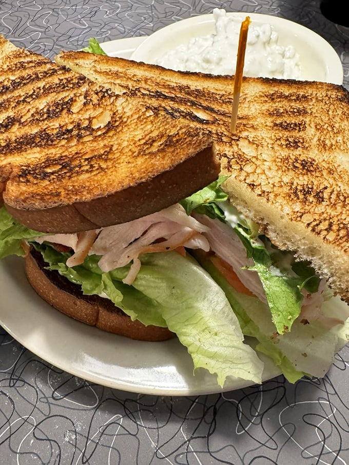 Now that's a sandwich! Stacked higher than a Jenga tower, this turkey club is the architectural marvel of the lunch menu.