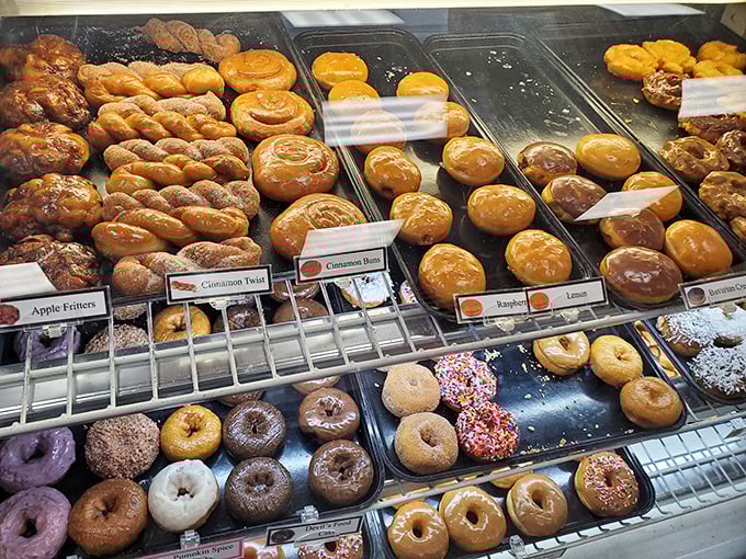 Donut nirvana achieved! This display case is a kaleidoscope of flavors that would make Willy Wonka jealous.