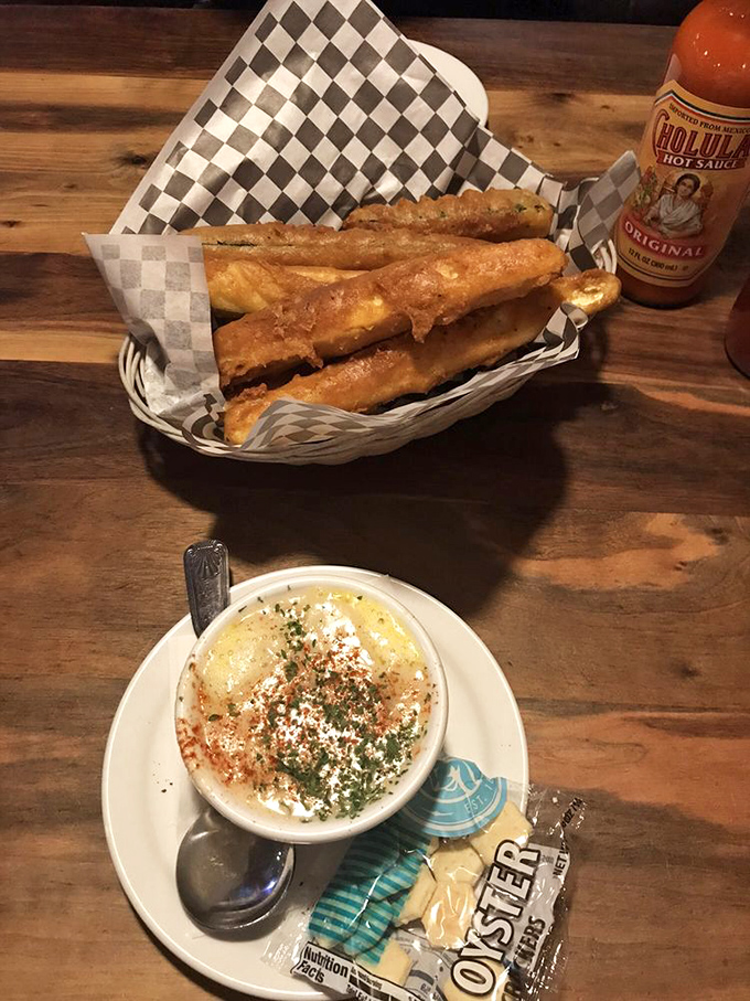 Zucchini fries and clam chowder: the unlikely duo that's about to rock your world. It's like the ocean and garden decided to throw a party in your mouth!