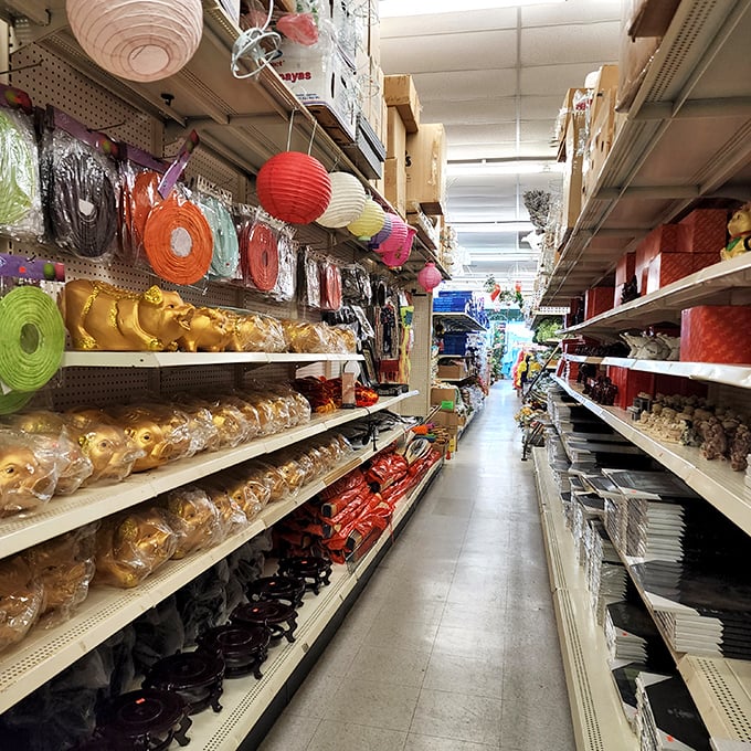 An aisle that screams "party time!" From festive decorations to wacky costumes, it's like Mardi Gras met New Year's Eve and had a baby.