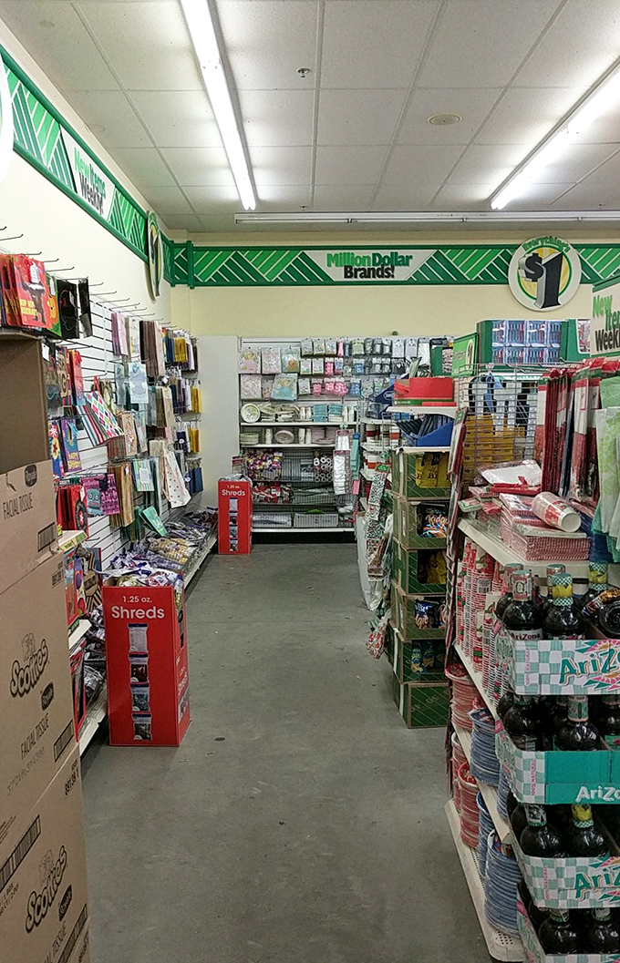"Million Dollar Brands" for single dollar bills&mdash;the irony isn't lost as shoppers navigate between beverages and budget party supplies in this treasure-filled passageway.