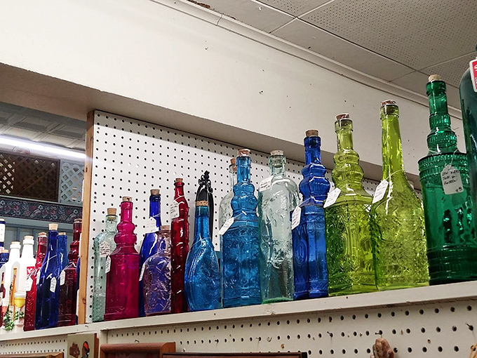 A rainbow of vintage vessels! These colorful bottles could tell stories of potions, perfumes, and Prohibition-era speakeasies. Cheers to history!