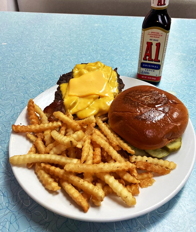 A cheeseburger that doesn't need fancy aioli or artisanal buns to prove its worth&mdash;just A1 sauce and the confidence that comes from decades of perfection.
