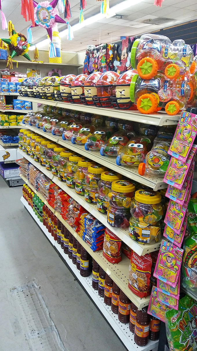 Sweet tooth paradise! Jars of Mexican candies and treats create a kaleidoscope of colors and flavors that would make Willy Wonka jealous.
