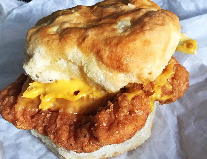 The Leaning Tower of Deliciousness! This chicken biscuit is stacked higher than your weekend to-do list.
