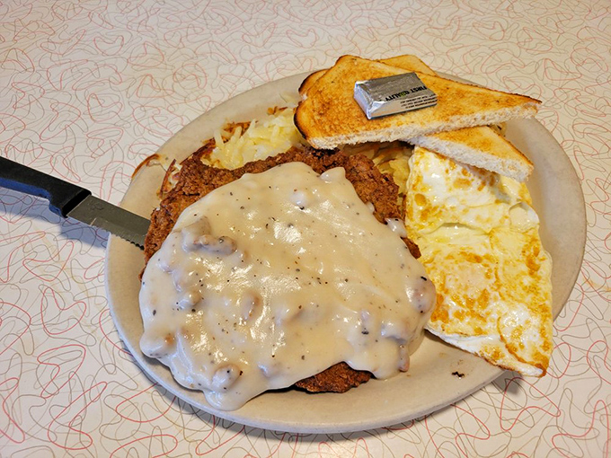 Chicken fried steak: Where comfort food meets cardiac event. This plate is so hearty, it could probably bench press you.