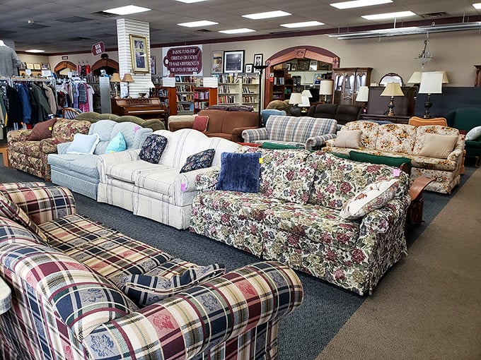 Sofa, so good! This furniture section is like a living room lineup of "The Brady Bunch" through "Modern Family" &ndash; with a dash of "The Jetsons" thrown in.