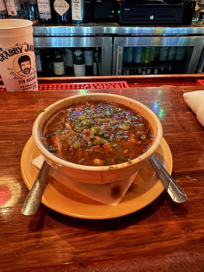 "Gumbo: The official soup of 'I'll diet tomorrow'!" This hearty bowl is packed with more flavor than a jazz quartet on Bourbon Street.