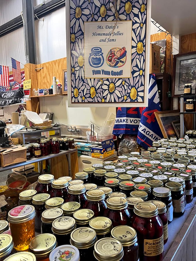 Ms. Daisy's homemade jellies and jams display is a sweet reminder that some of the best treasures at flea markets are edible.