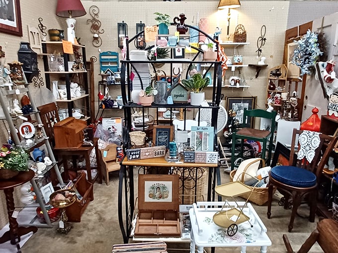 Every shelf tells a story in this booth. It's like your eccentric aunt's living room, if your aunt had impeccable taste and unlimited storage.