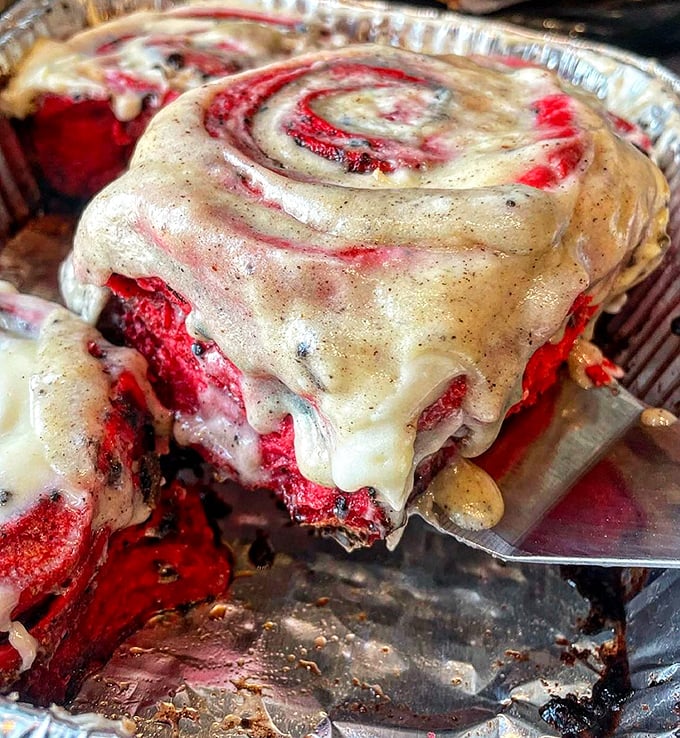 Red velvet cinnamon roll: Where dessert meets breakfast and creates a love child that would make Elvis proud.