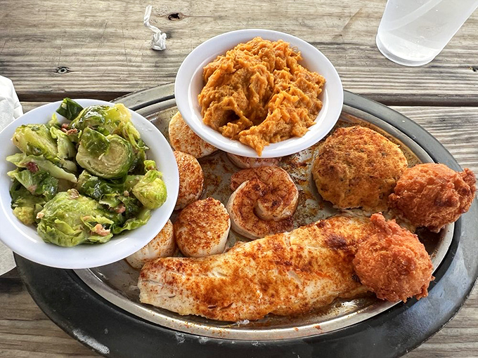 A seafood platter that would make Poseidon jealous. From crispy fried delights to succulent crab cakes, it's an ocean of flavor on a plate.