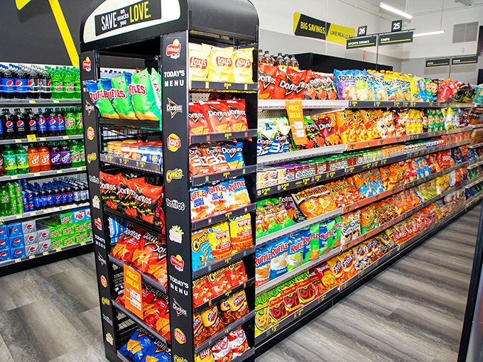 Snack attack central! This aisle is like a United Nations of munchies, where chips and cookies live in perfect harmony.