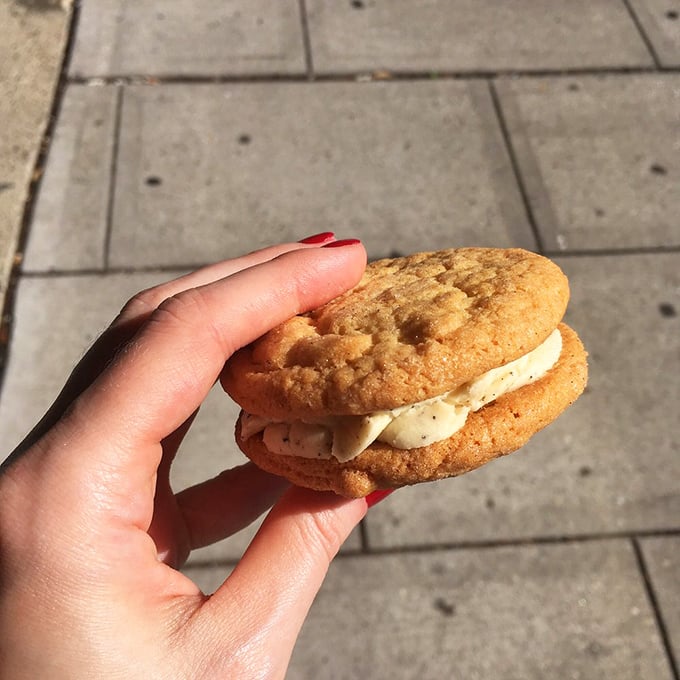 Behold, the humble cookie sandwich – elevated to an art form. It's like a snickerdoodle and an ice cream truck had a delicious love child.