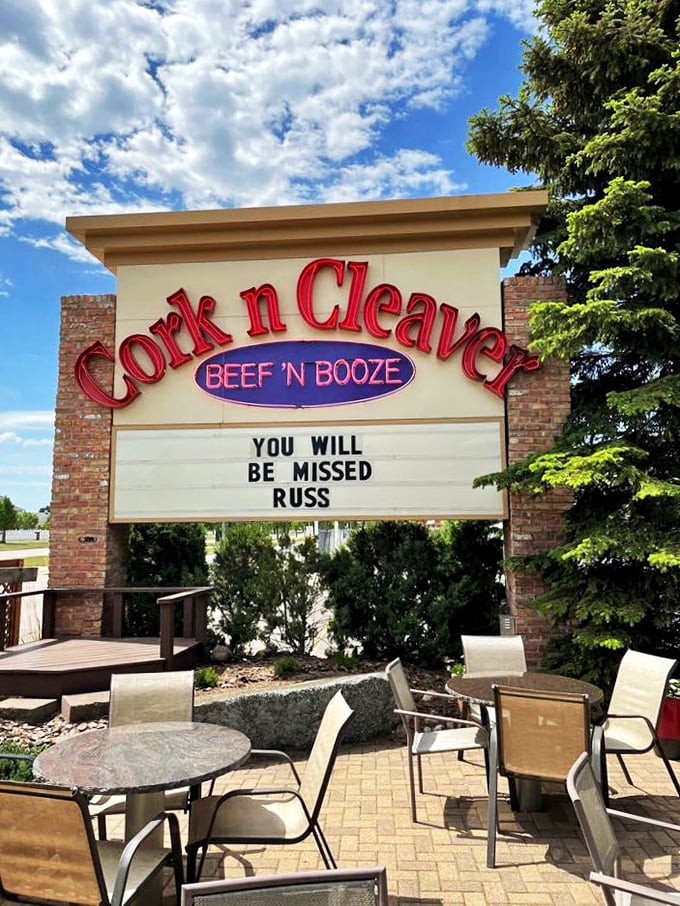 Cork'n Cleaver: Where puns and prime cuts collide! This quirky exterior houses steaks that are no laughing matter.