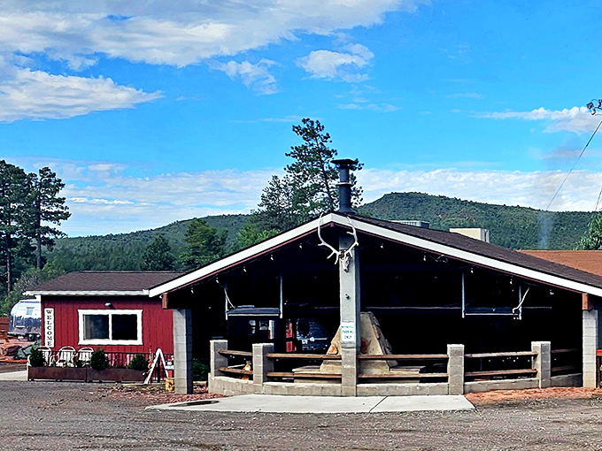 Old County Inn looks like the cabin where pizza went to find itself—nestled among ponderosa pines with a wood-fired heart.