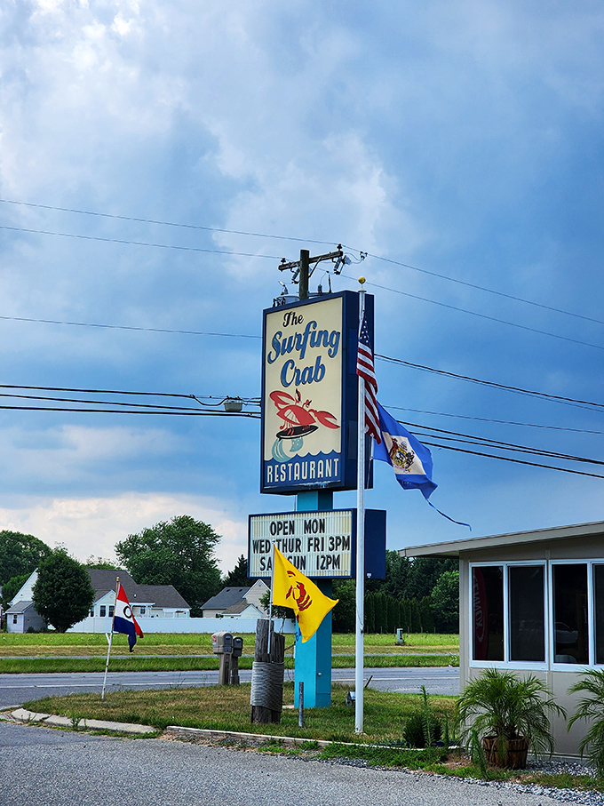 The Surfing Crab: Catch a wave of flavor at this gnarly eatery! Their sign promises a seafood experience that's totally tubular, dude.