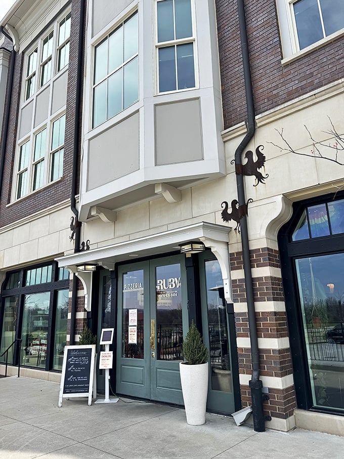 Fancy meets flavor at Pizzeria Ruby. With an exterior this chic, you might feel underdressed without your tuxedo t-shirt!