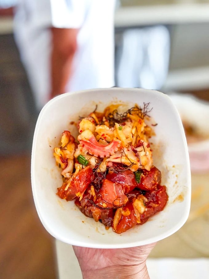 Double trouble, island style! Ahi shoyu and tako poke join forces to create a dynamic duo of deliciousness.