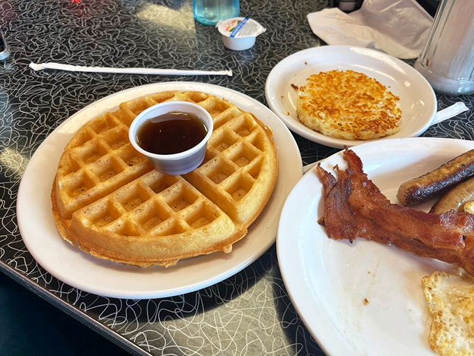 Waffle perfection achieved! This golden disc of deliciousness is ready to make all your breakfast dreams come true.