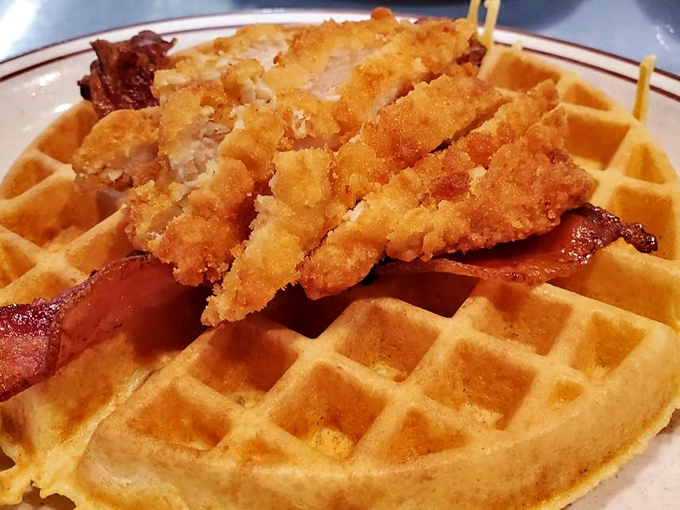 Chicken and waffles: The ultimate breakfast identity crisis that somehow works. It's the mullet of meals &ndash; business and party!