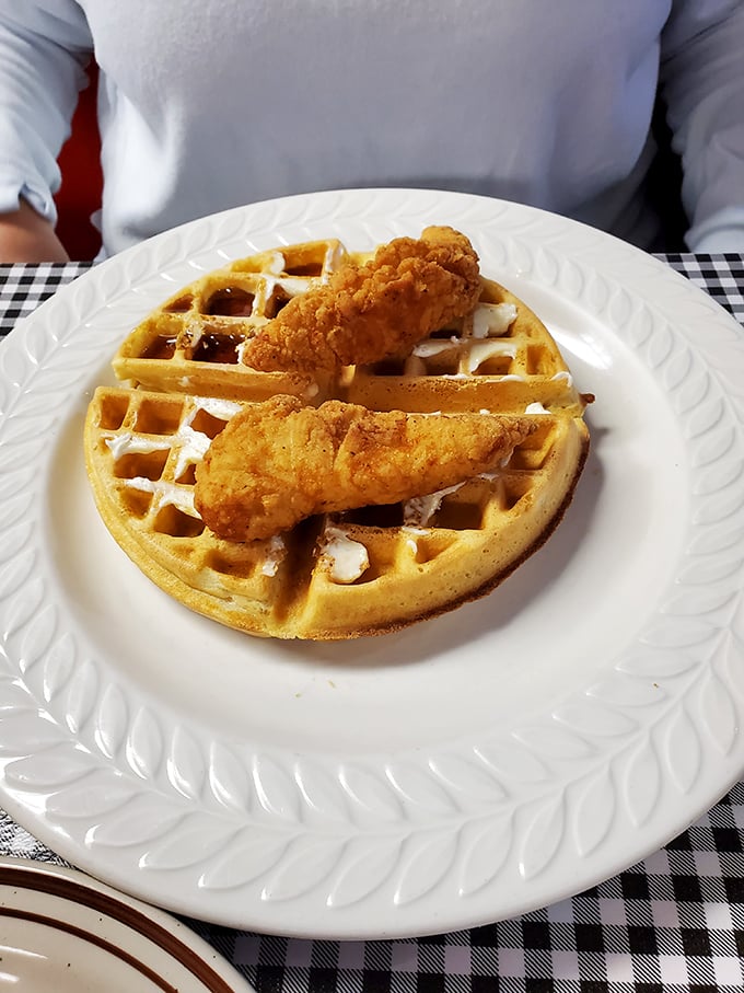 Why did the chicken cross the road? To land on this heavenly waffle, of course!