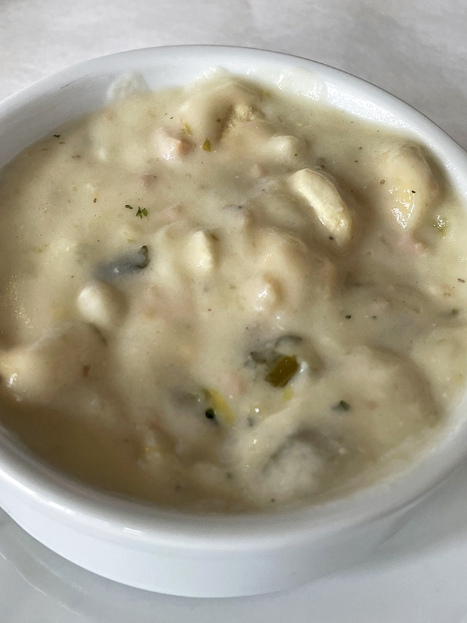 A bowl of pure coastal bliss. This clam chowder is like a warm, creamy hug from the ocean itself.