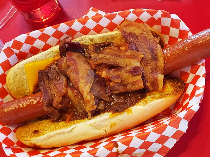 The Coronary Dog: Where the humble hot dog goes to live out its wildest dreams. Topped with enough fixings to make a salad bar jealous.