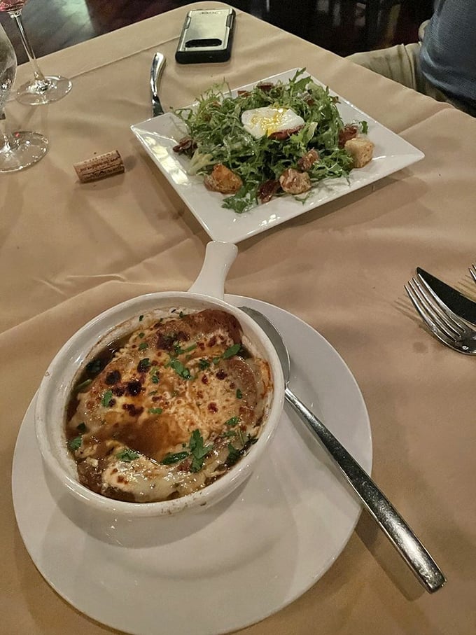 A match made in culinary heaven: French onion soup meets Lyonnaise salad. It's like the Brangelina of French cuisine, minus the drama.