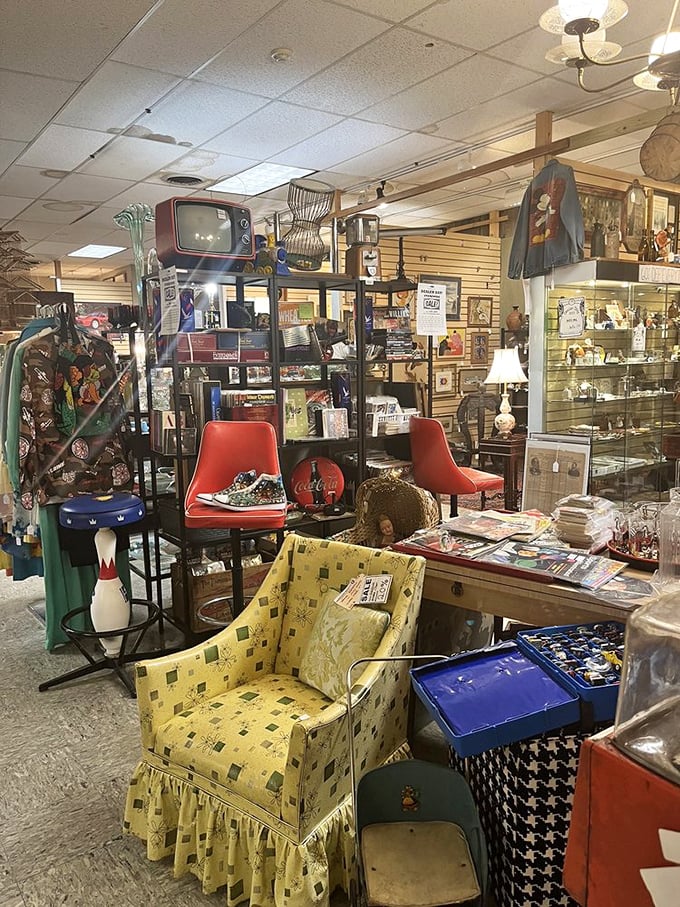 Mad Men meets Downton Abbey in this eclectic furniture display. Don Draper would feel right at home sipping whiskey here.