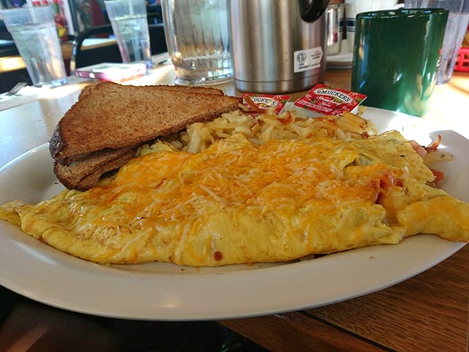 Behold, the omelet of champions! Packed with more fillings than a dentist's waiting room, this beauty's a meal and a half.